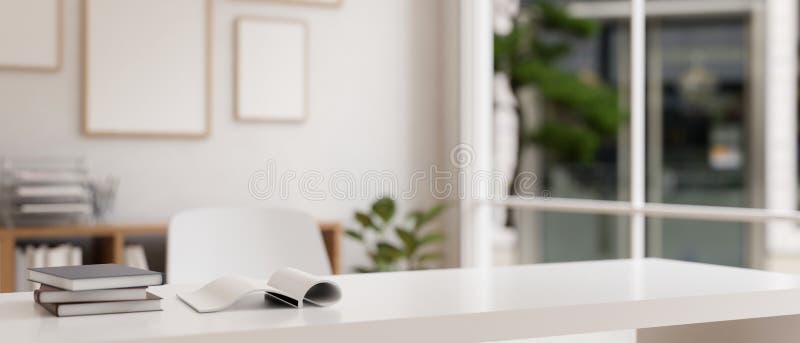 A Study Table or Office Desk with Books and Empty Space on the White ...