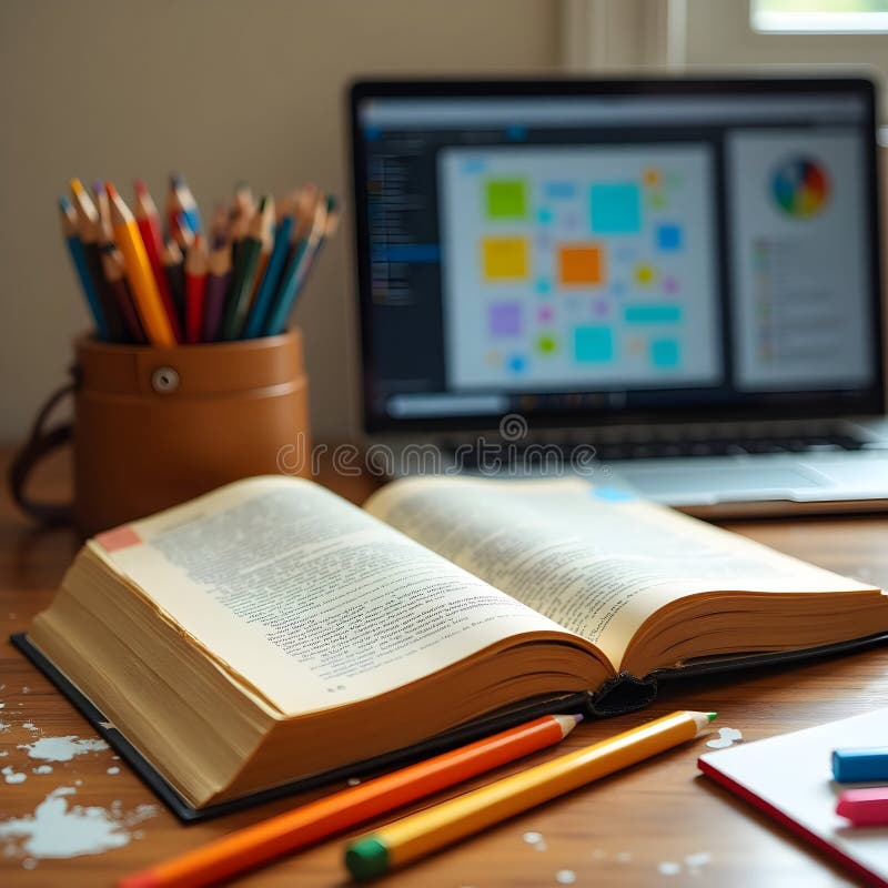 Study Table with Open Book and Laptop Stock Illustration - Illustration ...