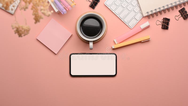 Study Table with Smartphone, Computer Keyboard, Coffee Cup and School ...