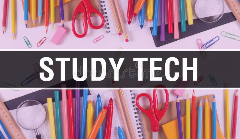 Study Tech with School Supplies on Blackboard Background. Study Tech ...
