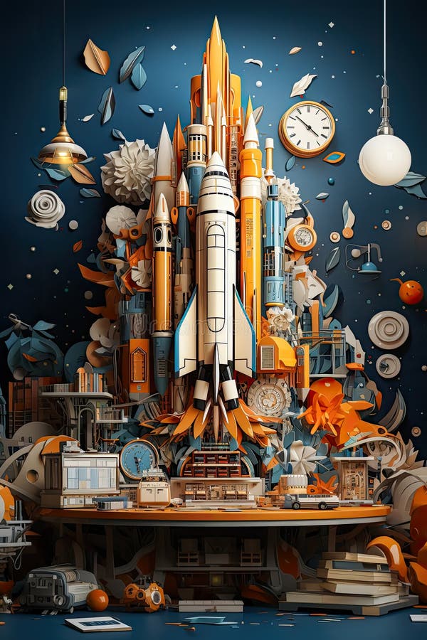 Study Time Awaits a Rocket-shaped Stationery Display Signals a Return To Learning Stock ...