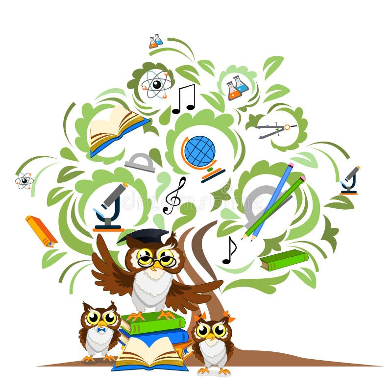 Study the Tree and Cheerful Owls Stock Vector - Illustration of ...