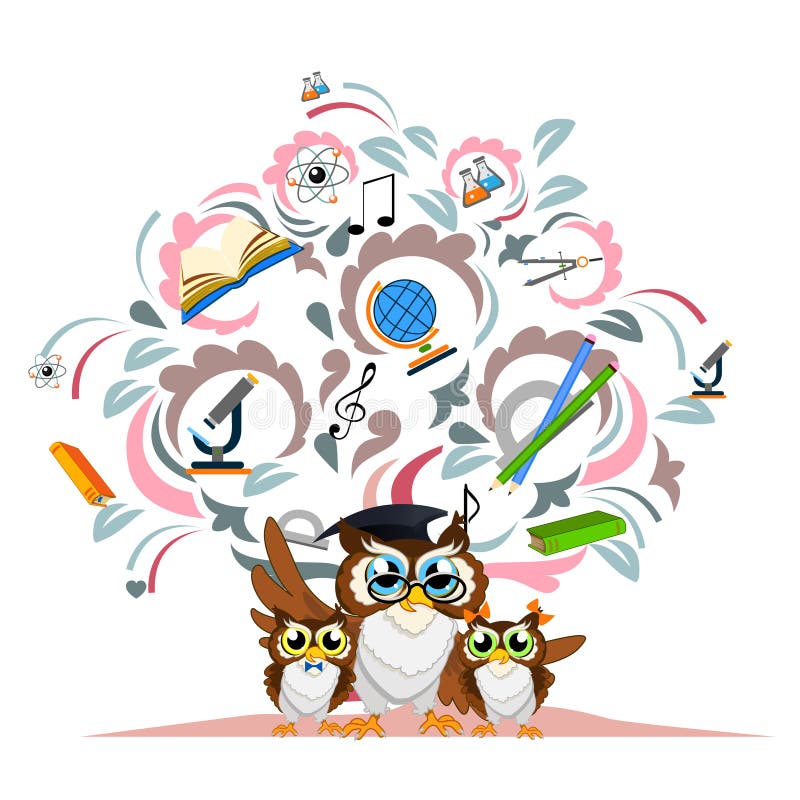 Study the Tree and Cheerful Owls Stock Vector - Illustration of ...