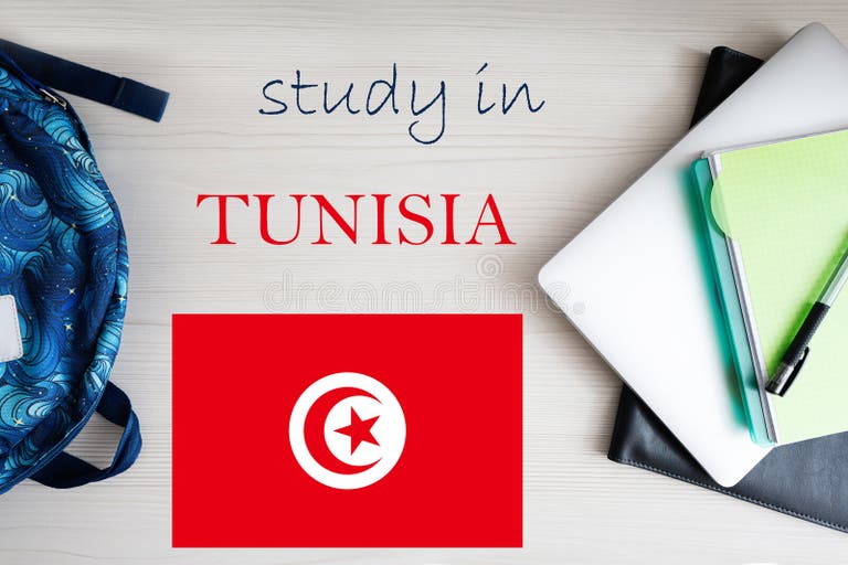 Study in Tunisia. Background with Notepad, Laptop and Backpack Stock Image - Image of flag ...