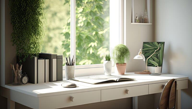 Study White Table with Book and Stationeries on the Table, Garden View ...