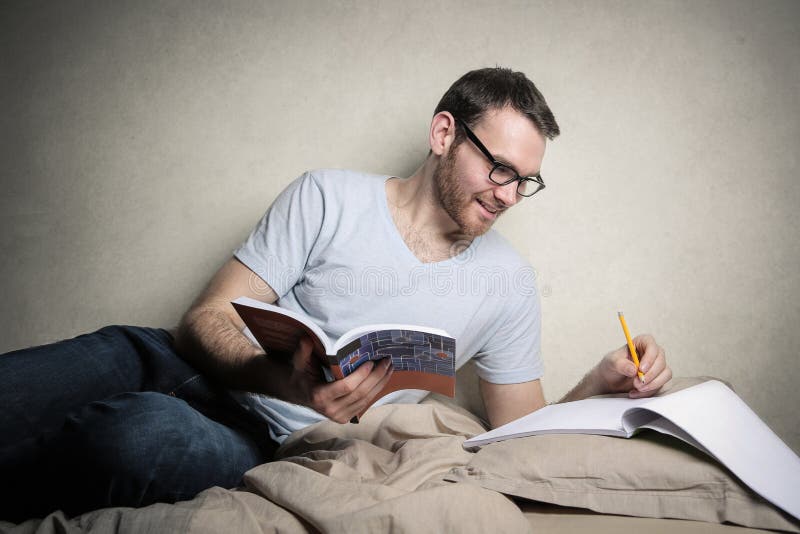 Studying in bed stock photo. Image of beauty, record - 54755906