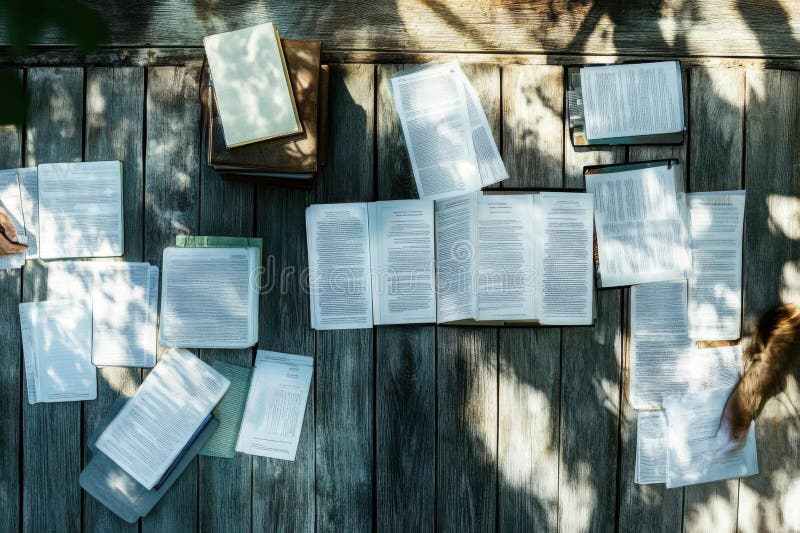 Studying Books and Documents Spread Out on Wooden Deck with Sunlight ...