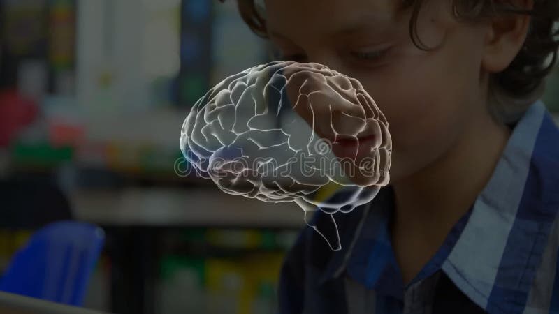 Studying in Classroom, Child with Brain Activity Animation Over Head ...