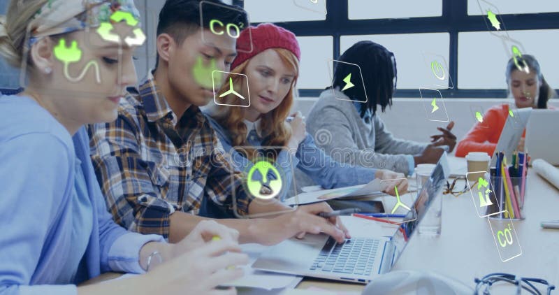 Studying in Classroom, Diverse Students with Environmental Icons ...