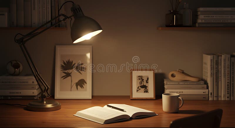 Studying at Desk with Lamp Shining on Open Book and Pen Stock Photo ...