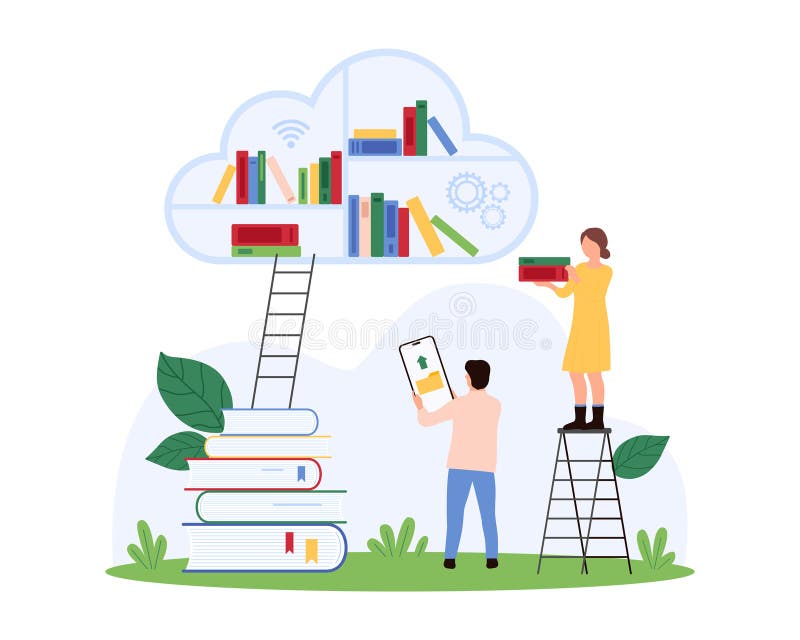 Studying Ebooks, Tiny People Download Knowledge Archives from Cloud Library Shelf Stock ...