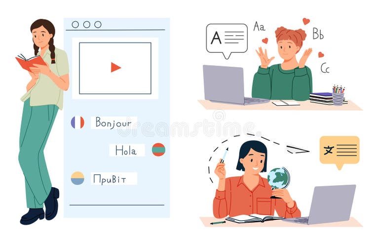 Studying Foreign Language Online. Students Choosing Course To Learn in Internet School Stock ...