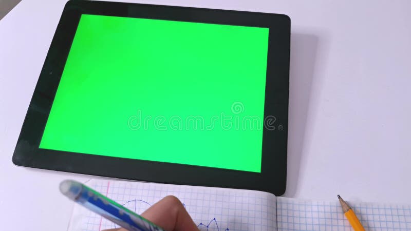 Studying at Home Tablet PC Green Screen. Woman Hands Hand Writting ...