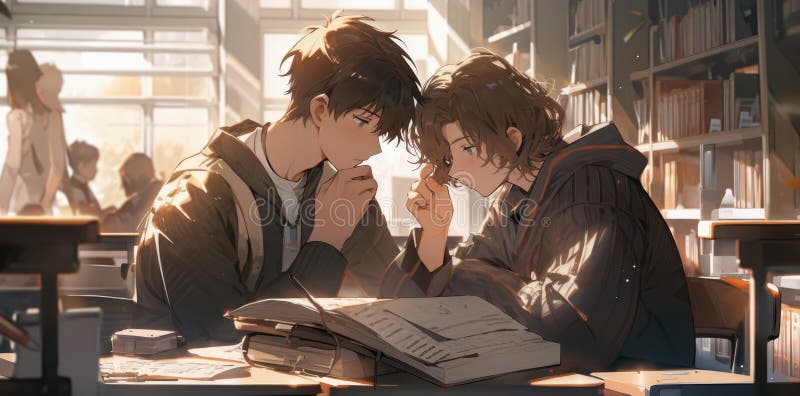 Anime Boy Studying Book in Nature, Anime Man in Desk Working. Anime Boy ...