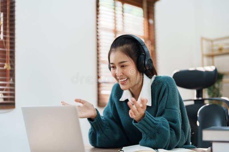 Studying Online, Beautiful Asian Female Student or Student Studying ...