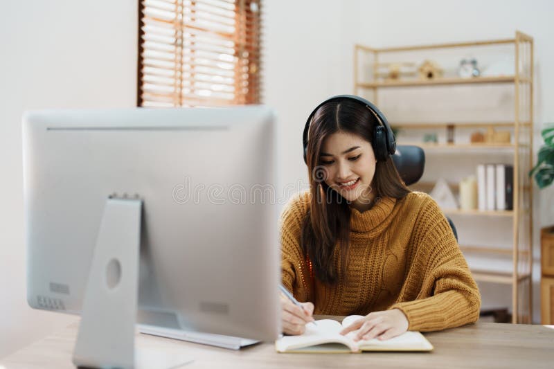 Studying Online, Beautiful Asian Female Student or Student Studying ...