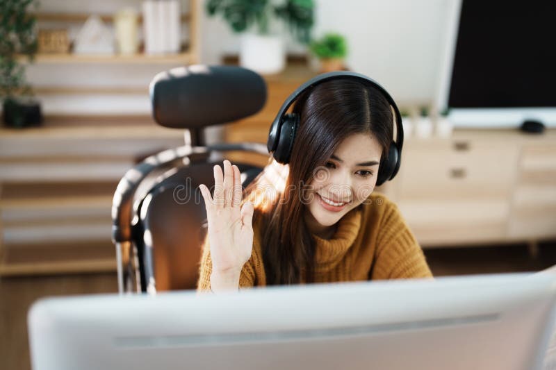 Studying Online, Beautiful Asian Female Student or Student Studying ...