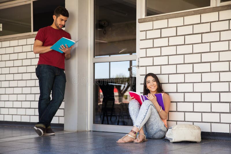 Studying Outside a Classroom Stock Photo - Image of hallway, women ...