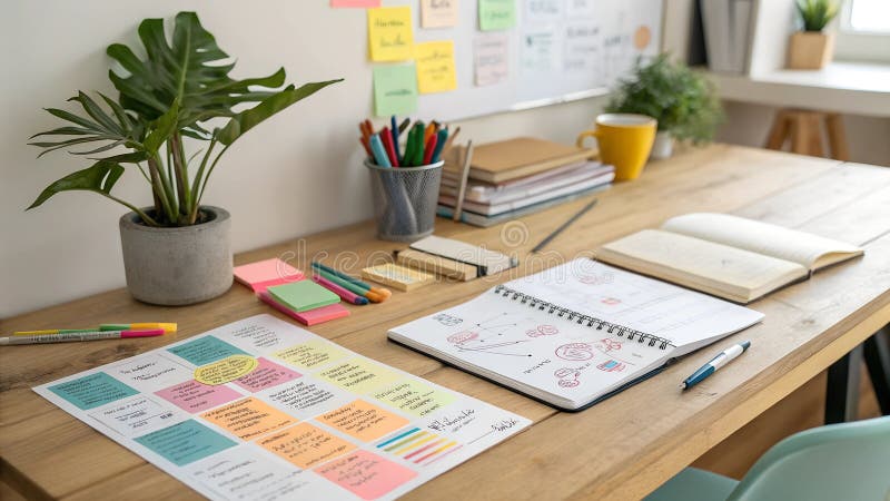 Studying and Planning. Hand Writing with Colorful Notes and Plant Stock ...