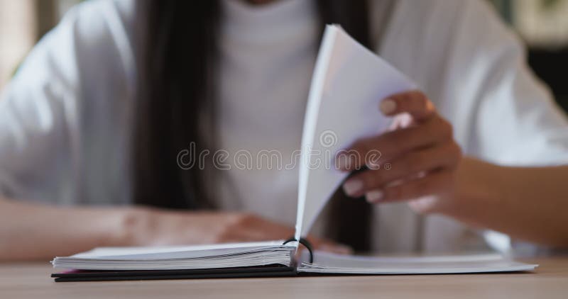 Student Girl Turning Page of Notebook, Reading Educational Material ...