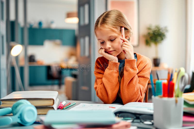 Daily Studying Routine. Cute School Girl Reading Book and Doing Home ...