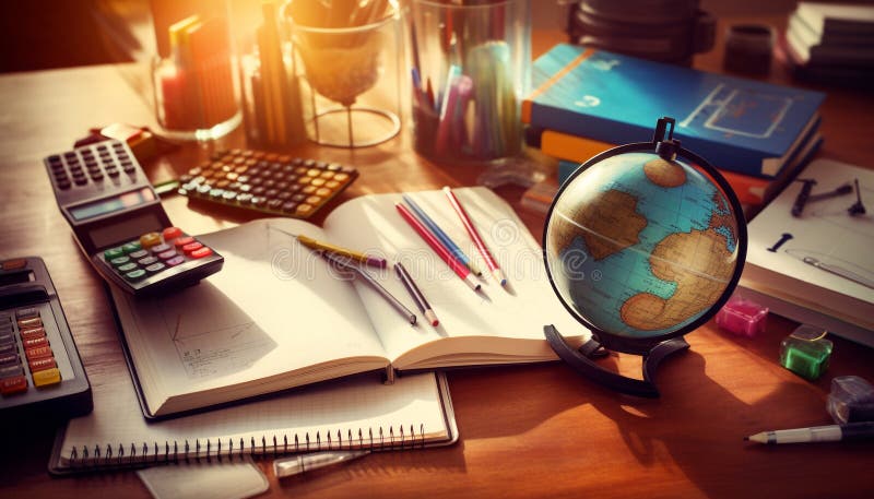 Studying Science at Desk with Textbooks and Calculator Generated by AI ...