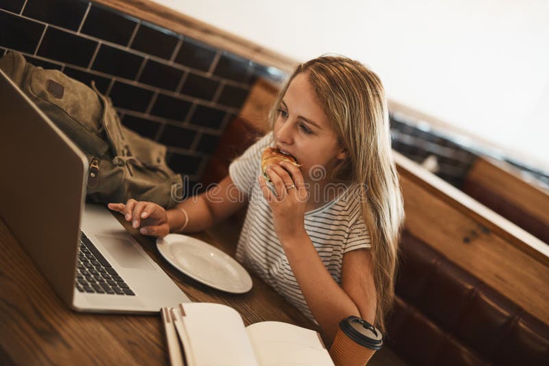 Studying, Student and Girl in Cafe, Eating and Typing of Project with ...