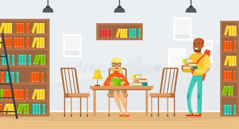 Studying Students, Library Interior with People Reading Books Cartoon ...