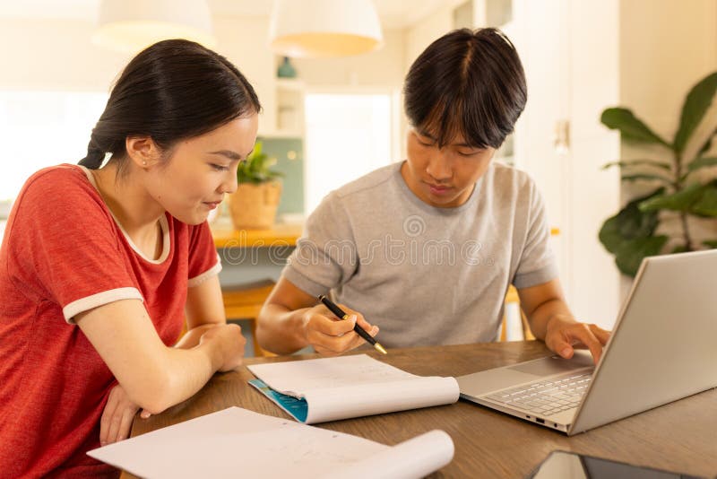 Studying Together, Young Asian Brother and Sister Using Laptop and ...
