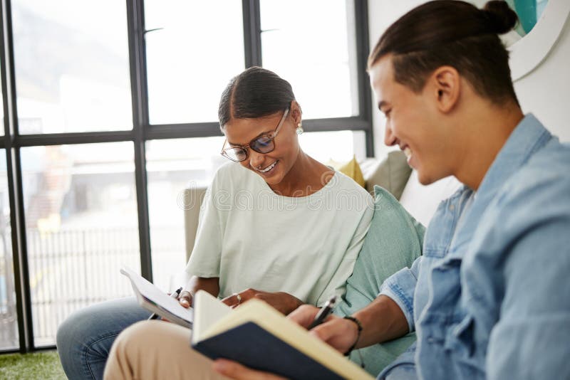 Studying, University and Couple Students Learning Together in Campus ...