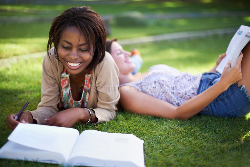 Studying, University and Students on Grass with Books for Learning ...