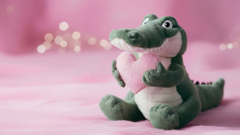 A Stuffed Alligator Holding a Heart Shaped Pink Toy, AI Stock Photo ...