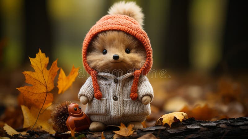 A Stuffed Animal Wearing an Orange Hat and Holding a Small Squirrel ...
