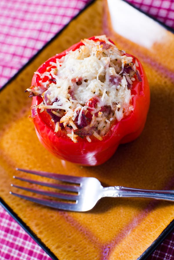 Stuffed Baked Red Peppers with Rice and Cheese Stock Photo - Image of ...