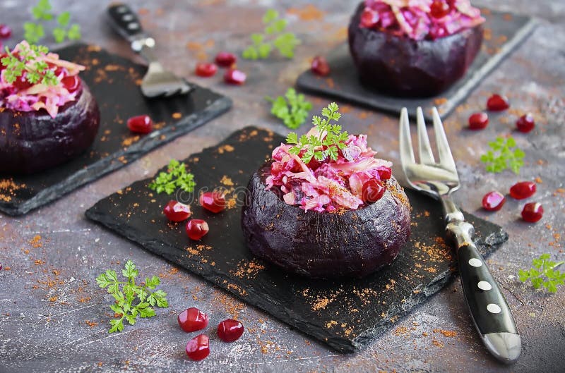 Stuffed Beets with Cheese and Pomegranate. Vegetarian Dish Stock Image ...