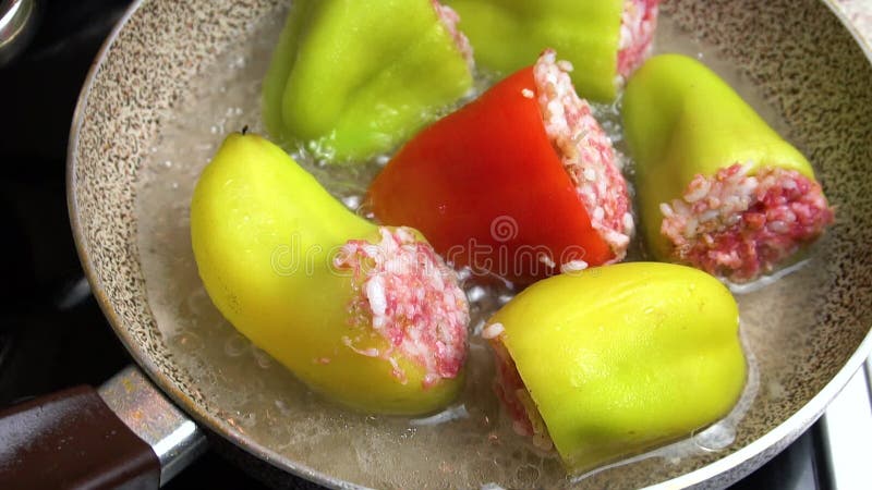 Stuffed Bell Pepper Recipe Frying Pan Cooking Tutorial Stock Footage ...