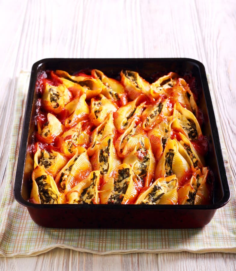 Stuffed Big Pasta Shells with Spinach and Cheese Stock Image - Image of ...