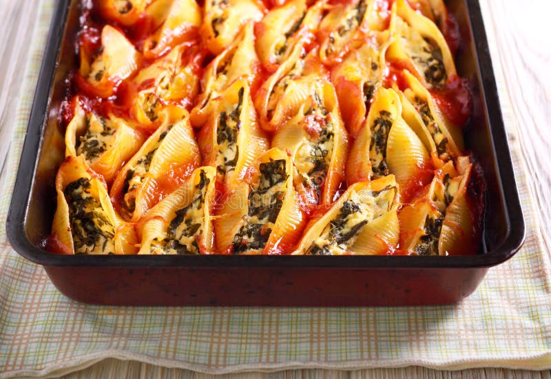 Stuffed Big Pasta Shells with Spinach and Cheese Stock Image - Image of ...