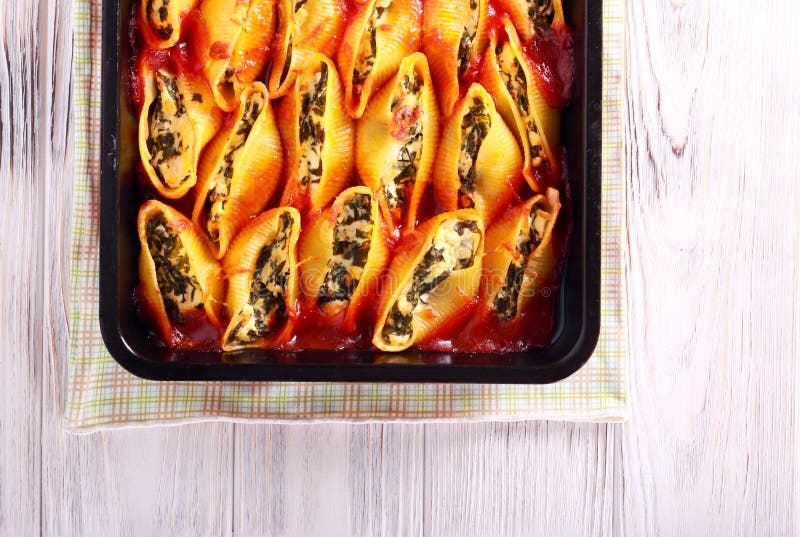 Stuffed Big Pasta Shells with Spinach and Cheese Stock Image - Image of ...