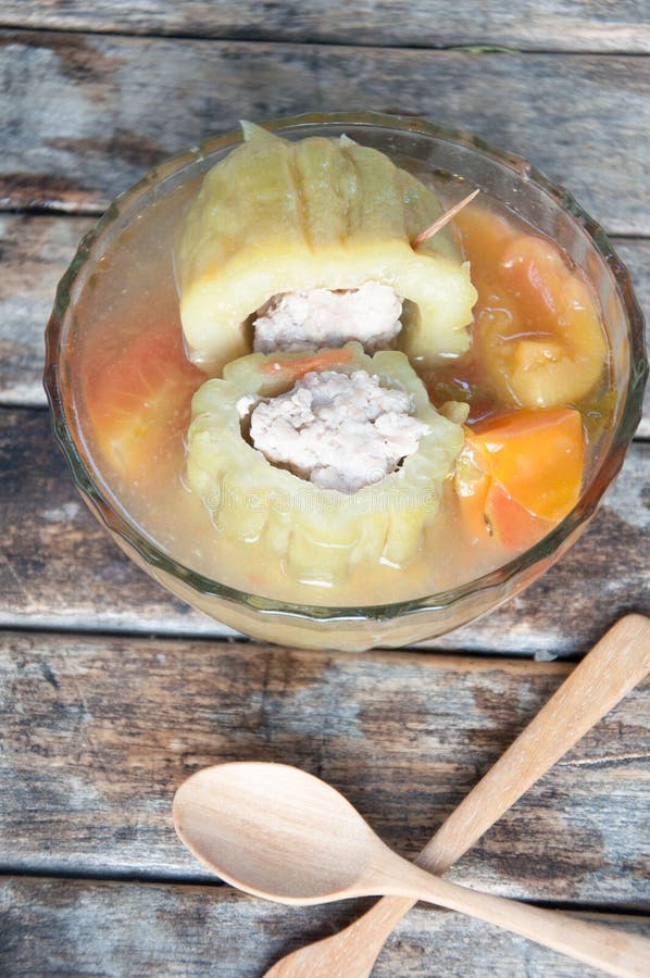 Stuffed Bitter Gourd with Minced Pork in Clear Soup Stock Photo - Image ...