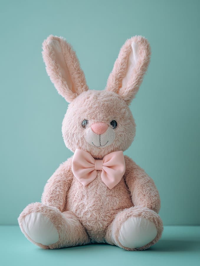 Stuffed Bunny with Pink Bow on Teal Background. Stock Image - Image of ...