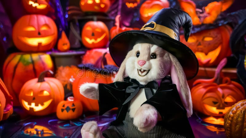 A Stuffed Bunny Sits in Front of a Pumpkin with a Witch Hat on it ...