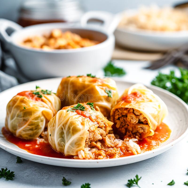 Stuffed Cabbage with Rice on a White Table. AI Generativ Stock ...