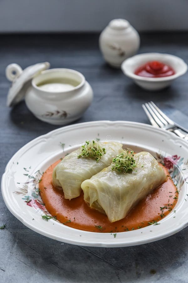 Stuffed Cabbage Rolls Hungarian Cuisine on a White Plate. Stock Photo ...