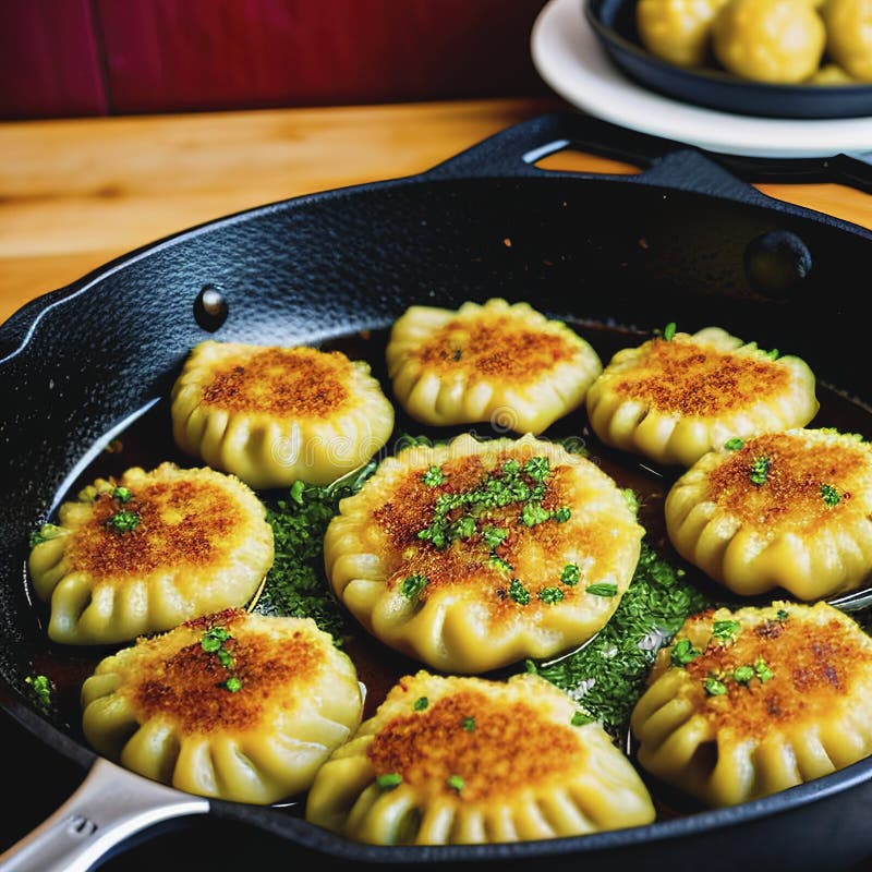 Stuffed Dumplings Fried in a Pan. Delicious Traditional Dish Stock ...
