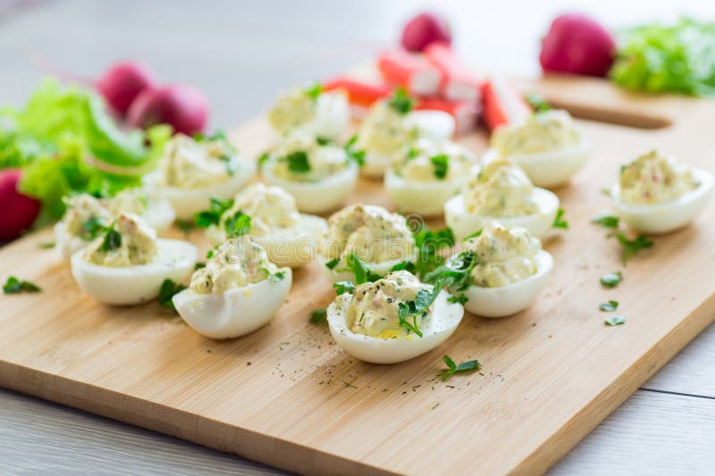 Stuffed Eggs, Deviled Eggs on a Wooden Table Stock Photo - Image of ...