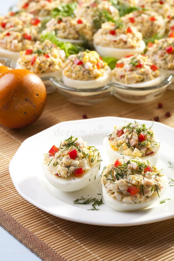 Stuffed Eggs with Ham, Red Pepper and Dill Stock Photo - Image of ...