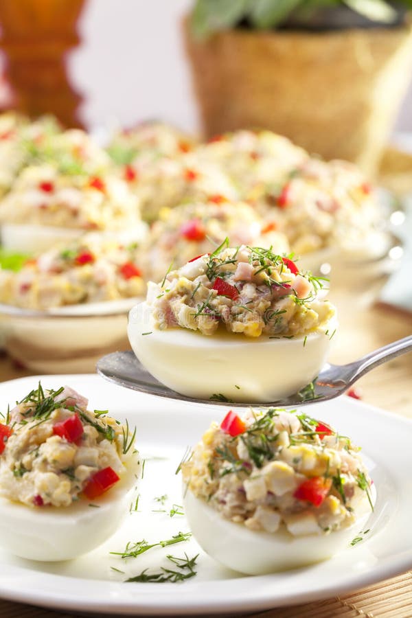 Stuffed Eggs with Ham, Red Pepper and Dill Stock Photo - Image of dish ...