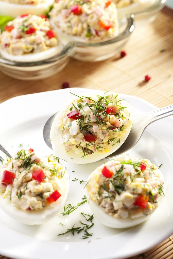 Stuffed Eggs with Ham, Red Pepper and Dill Stock Image - Image of ...