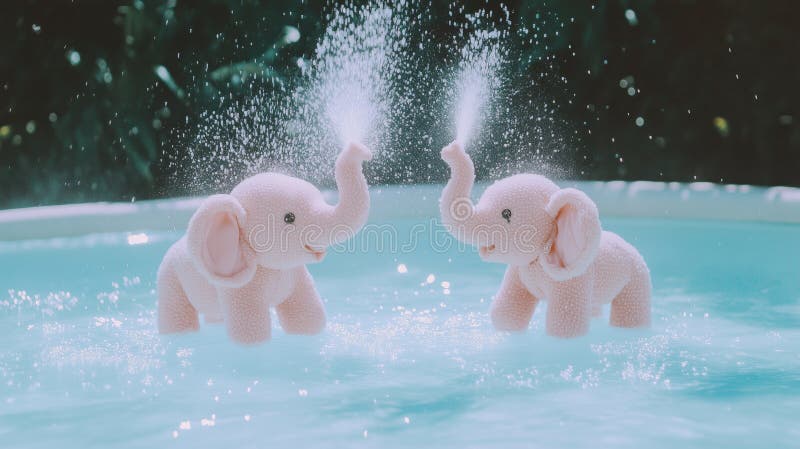Stuffed Elephants Spraying Each Other with Pool Water Stock Photo ...